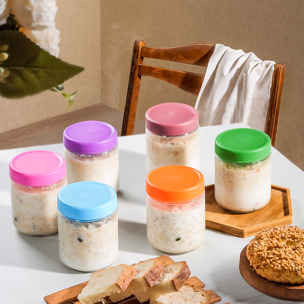 EONJOE 16oz Glass Jars for Overnight Oats Snacks Salad Yogurt Pudding Cereal Candy Storage Containers Meal Prep Mason jar with Airtight lids,6 Pack