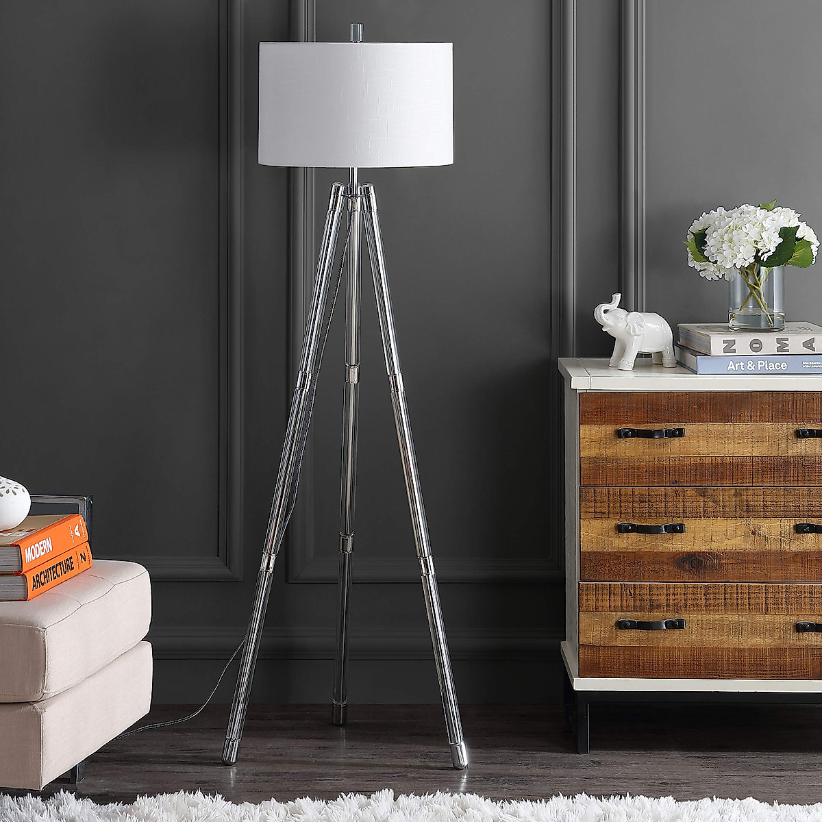 JONATHAN Y JYL2081A Arliss 60" Surveyor's Tripod Metal/Crystal LED Floor Lamp Contemporary,Glam,Modern,Transitional for Bedrooms, Living Room, Office, Reading, Chrome