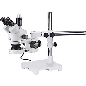 AmScope SM-3TZ-80S Professional Trinocular Stereo Zoom Microscope, WH10x Eyepieces, 3.5X-90X Magnification, 0.7X-4.5X Zoom Objective, 80-Bulb LED Ring Light, Single-Arm Boom Stand, 90V-265V, Includes 0.5X and 2.0X Barlow Lenses