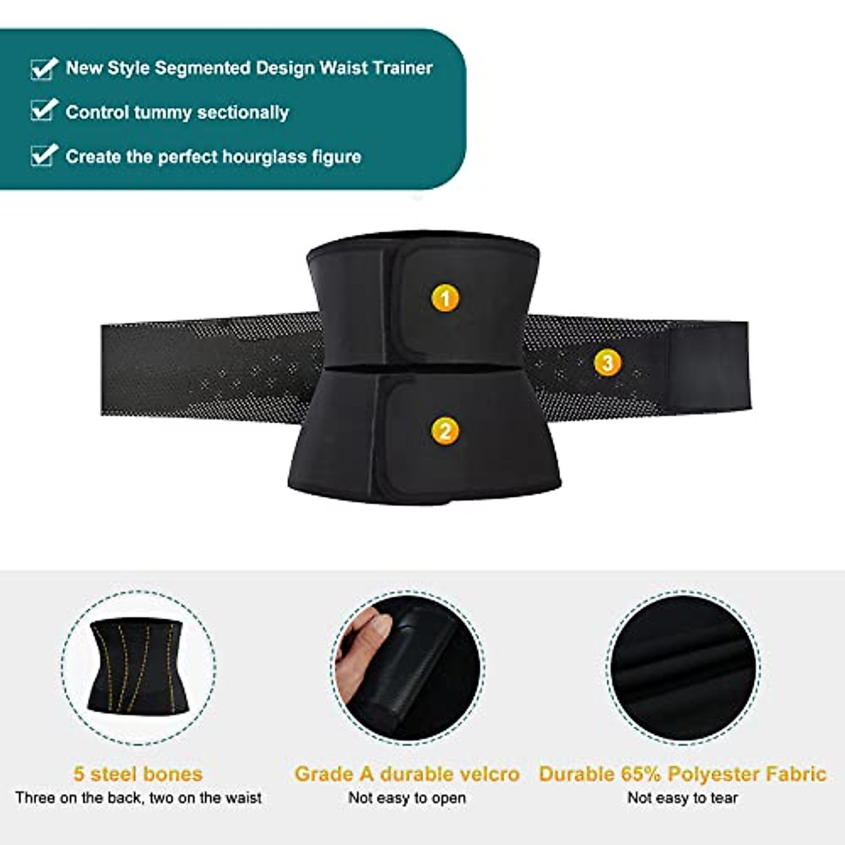 SUNACGO Waist Trainer for Women Workout Waist Cincher Trimmer 3 Segmented Underbust Corset Tummy Control Hourglass Body Shaper(Black, Medium)