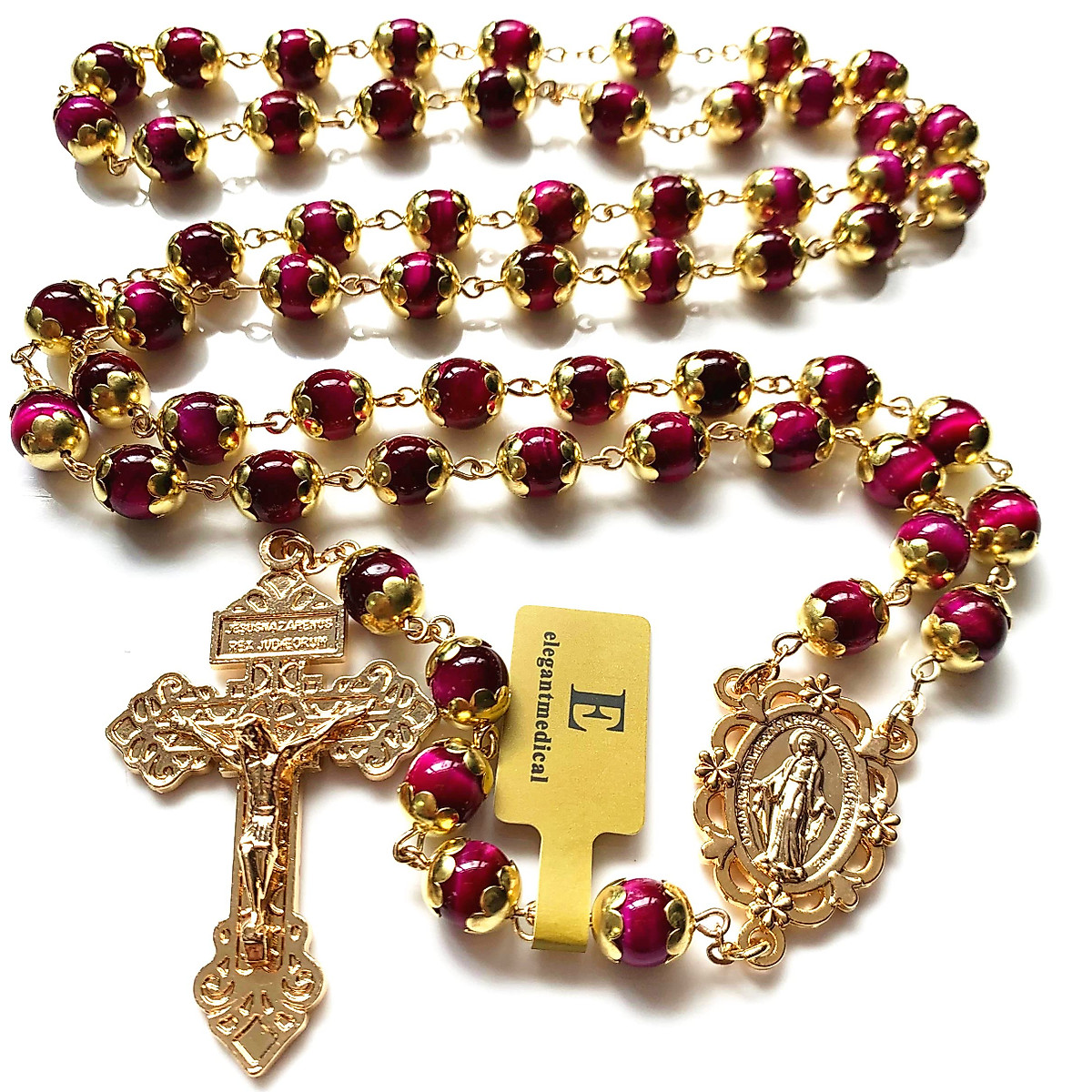elegantmedical HANDMADE Red Tiger Eye Prayer Beads Catholic Rosary Necklace Gift Box Italy Crucifix Gold (red)