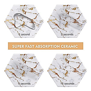Geichan Marble Gold Coasters for Drinks Absorbent with Cork Base, 6pcs Drink Coasters for Wooden Table with Metal Holder, Gold Ceramic Cup Coaster Set Home Decor for Tabletop Protection