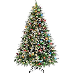 TURNMEON 6.5 Ft Prelit Artificial Christmas Tree 400 Color-Changing Lights Warm White & Colorful 8 Modes Snow Flocked Thick Full Pine Tree Pinecone Berries Christmas Decoration Indoor Outdoor Holiday