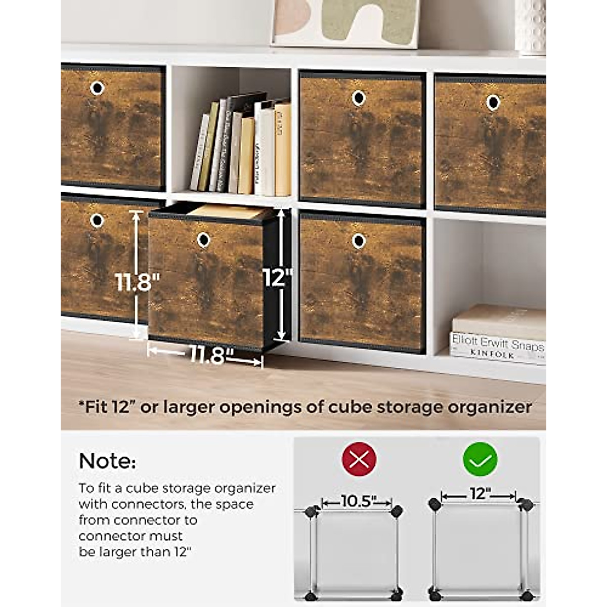 SONGMICS Storage Cubes, 12-Inch Fabric Bins, Set of 6, Closet Organizers for Shelves, Foldable, Oxford Fabric and Non-Woven Fabric Boxes for Clothes, Rustic Brown and Black URFB102B01