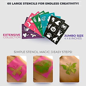 Zenovika Face Paint Kit for Kids - 60 Jumbo Stencils, 15 Large Water Based Paints, 2 Glitters - Halloween Makeup Kit, Professional Face Paint Palette, Safe for Sensitive Skin, Face Painting Book