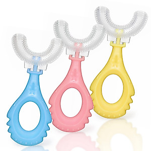 Qinerle 3PCS Kids U-Shaped Toothbrush ,Food Grade Soft Silicone Brush Head, 360° Oral Teeth Cleaning Design for Toddlers and Children