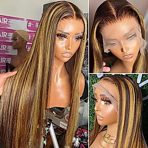 Flady Highlight Ombre Lace Front Wig Human Hair Pre Plucked Glueless HD Lace Frontal Wig 4/27 Straight Wigs Human Hair Ombre Brown Blonde Wig 150Density