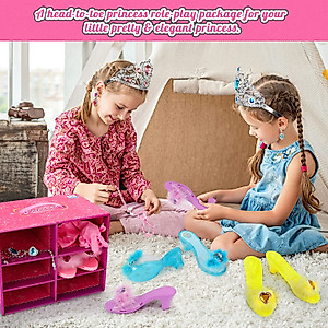 Princess Dress Up Shoes and Jewelry Boutique Little Girl Princess Play 4 Pairs of Play Shoes and Pretend Jewelry Toys Accessories Play Role-Play Gift Set for Toddlers Aged 3,4,5,6 Years Old