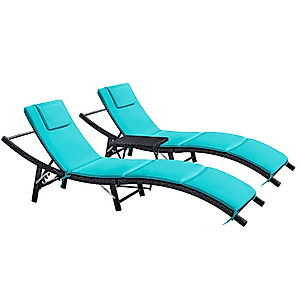 Rankok Outdoor Lounge Chairs Set 3 Pieces Adjustable Chaise Lounge with Folding Table and Cushion for Garden, Poolside, Beach (Blue)