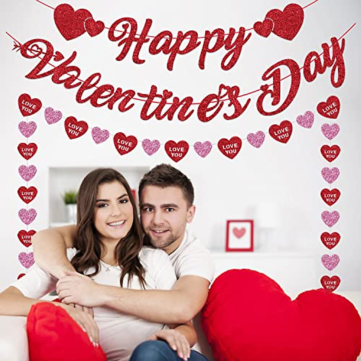 MAGICMAI Valentines Day Decoration - Happy Decor Heart Banner | Valentine Party Decorations Garland for Anniversary Wedding Supplies (Red Glitter)