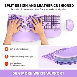 MEETION Ergonomic Wireless Keyboard and Mouse, Ergo Keyboard with Vertical Mouse, Split Keyboard Cushioned Wrist Palm Rest Natural Typing Rechargeable Full Size, Windows/Mac/Computer/Laptop,Purple