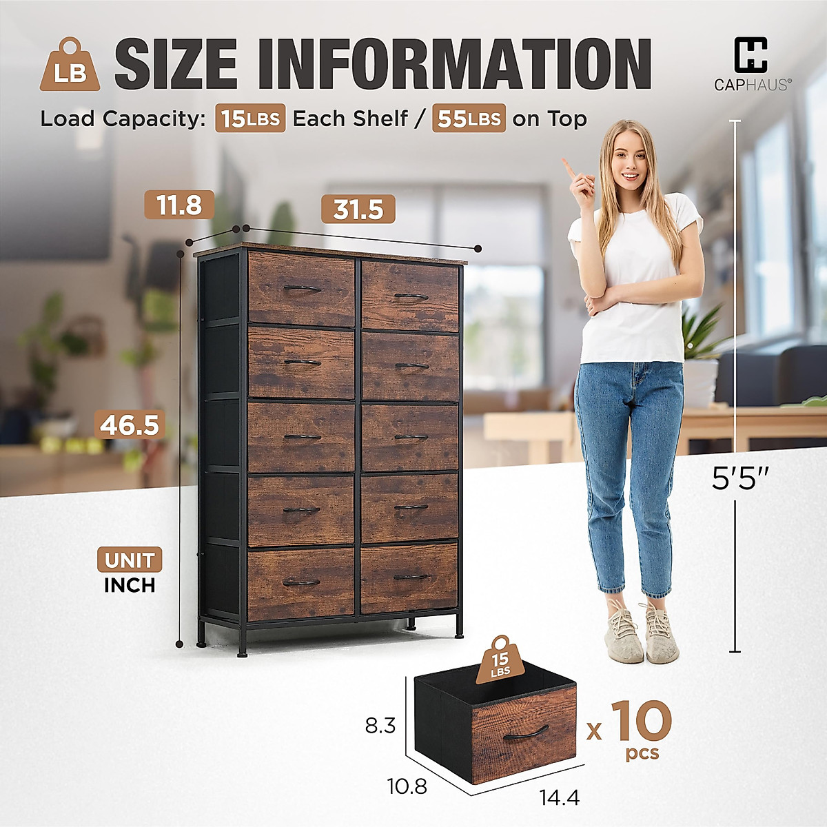 CAPHAUS Drawer Storage Tower w/ 10 Fabric Bins, Laundry Storage, Sorting Unit, Chest of Drawers, Organizer w/ P2 Board Top & Fabric Bins, Organizer Unit for Multi-purpose, Hallway, Office, Rustic Oak