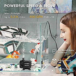 VIVOSUN 400GPH Submersible Pump(1500L/H, 15W), Ultra Quiet Water Pump with 5.3ft High Lift, Fountain Pump with 5ft Power Cord, 2 Nozzles for Fish Tank, Pond, Aquarium, Statuary, Hydroponics