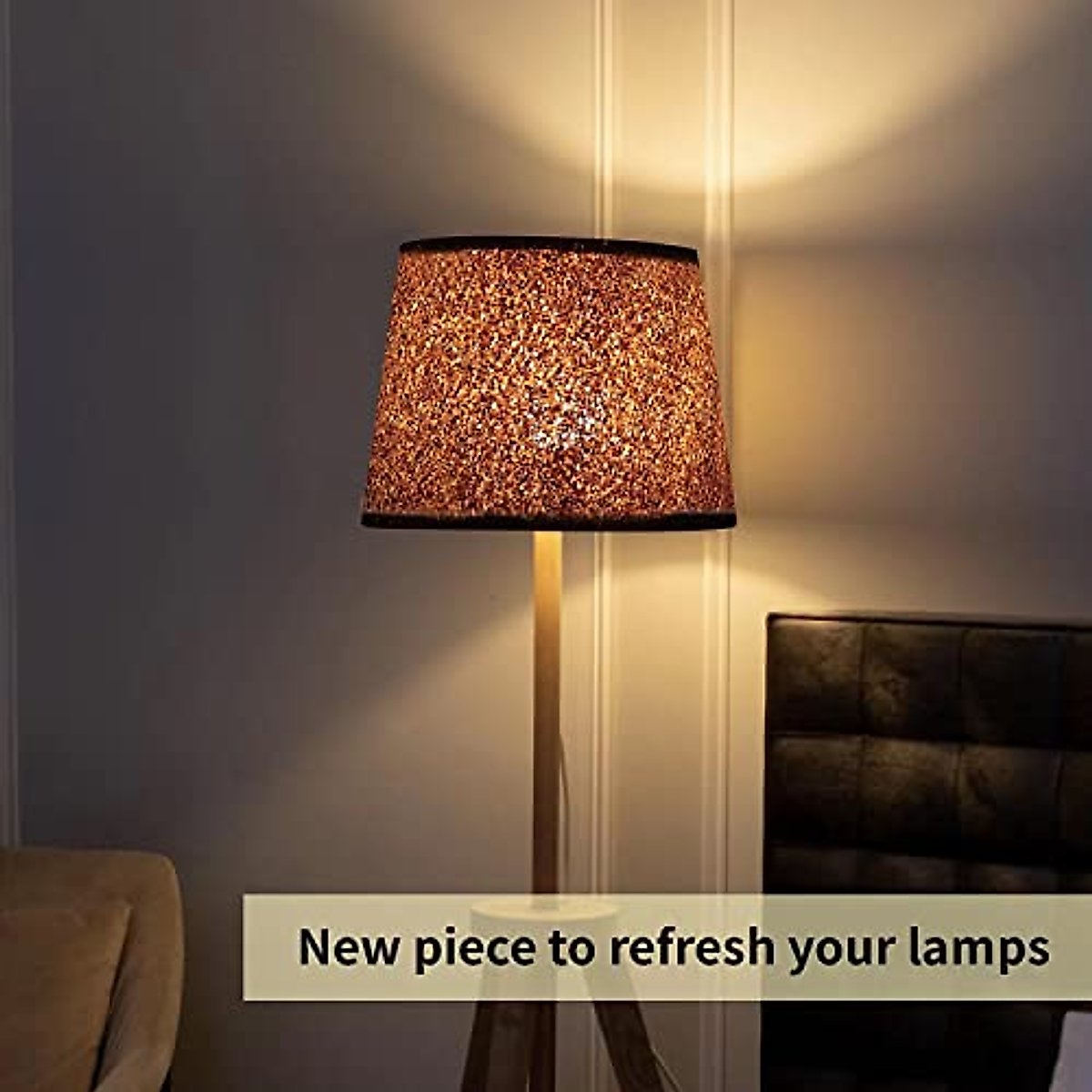 Double Drum Medium Lamp Shades Set of 2,14 Inches,Cork Leather Fabric Lampshade for Table Lamp and Floor Lamp, Hand Crafted lamp shade Spider Fitter Easy Assembly（12"x14"x10"） (Brown(without harps))