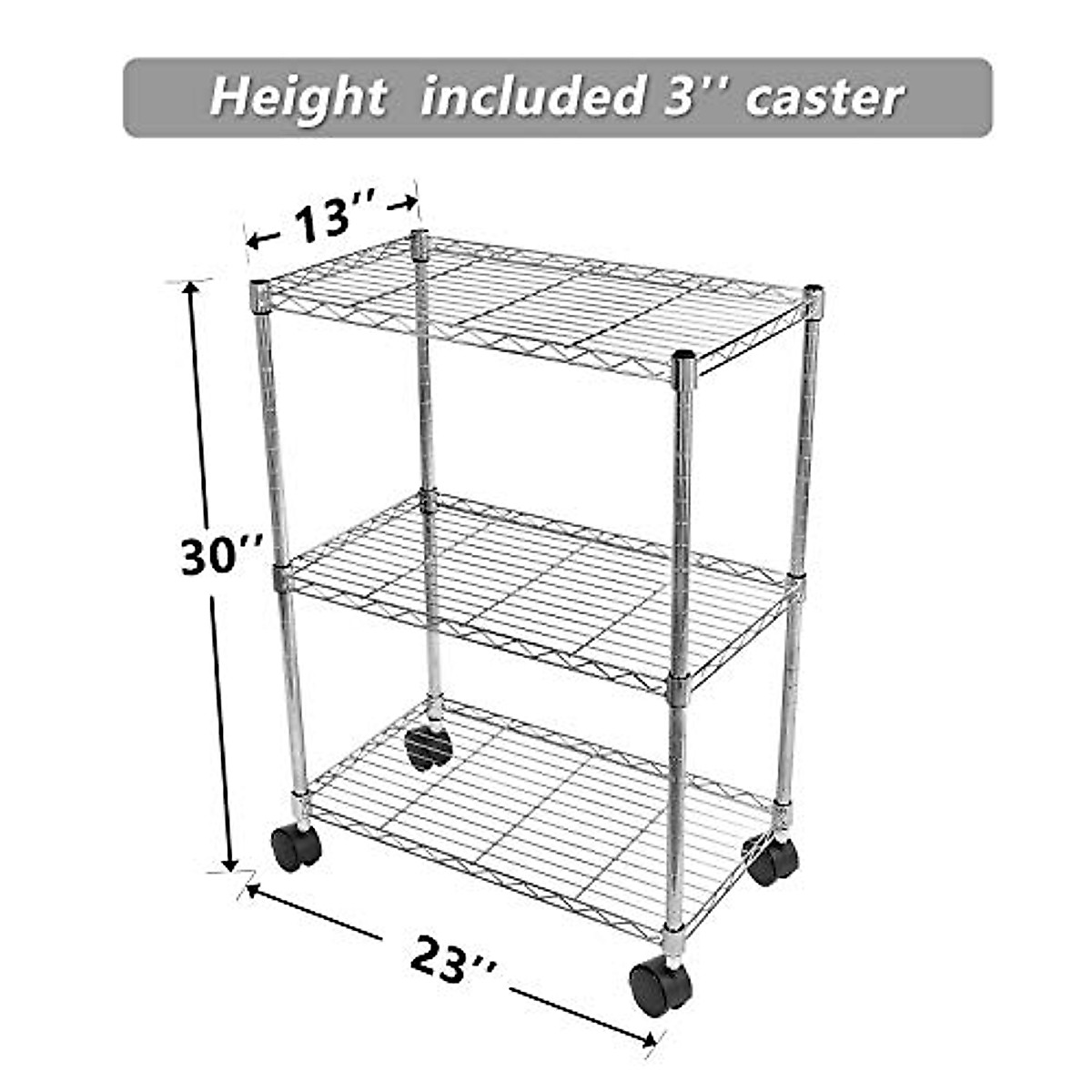 YSSOA Heavy Duty 3-Shelf Shelving with Wheels, Adjustable Storage Units, Steel Organizer Wire Rack, Plug Version, Plug Version, 23" W x 13" D x 30" H, Chrome