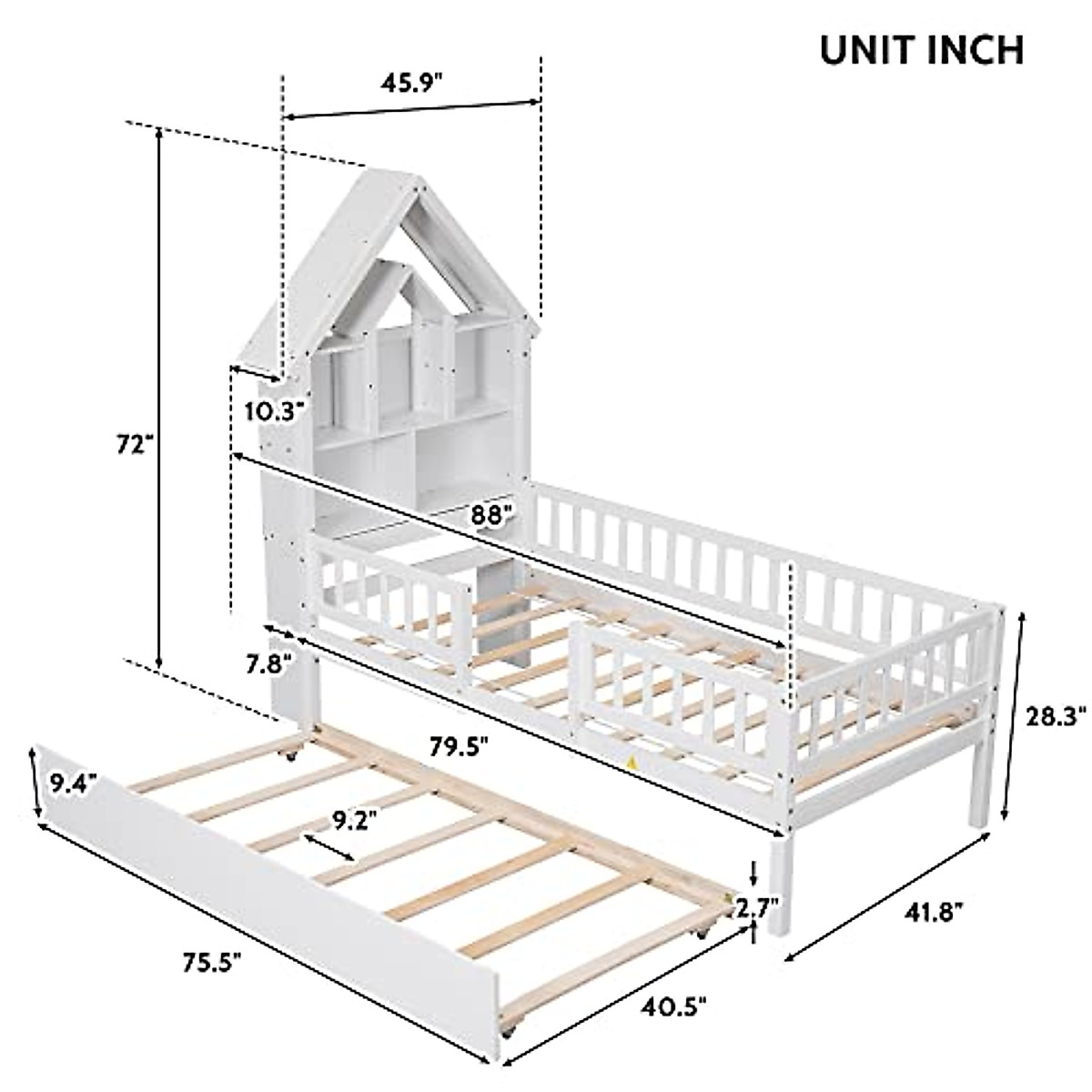 FIQHOME Twin Size Platform Bed for Kids, Twin Size Kids Bed Frame with House-Shaped Headboard, Wooden Twin Bed with Trundle and Fence Guardrails,Solid Wood House Bed for Girls Boys,White
