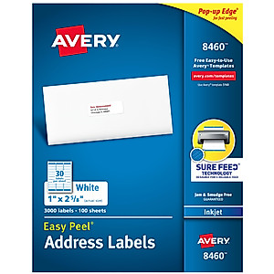 Avery Address Labels with Sure Feed for Inkjet Printers, 1" x 2-5/8", 3,000 Labels, Permanent Adhesive (8460), White
