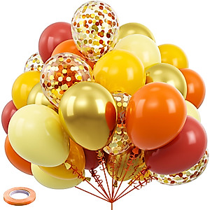 Kelfara Fall Balloons 80PCS 12 inch Orange Yellow Burgundy and Gold Confetti Latex Balloons with Ribbons for Fall Baby Shower Birthday ThanksGiving Pumpkin Themed Party Decorations