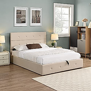 BIADNBZ Queen Size Platform Bed Frame Upholstered with Lifting Underneath Storage and Headboard, Wooden Slat Support, No Box Spring Needed, Beige