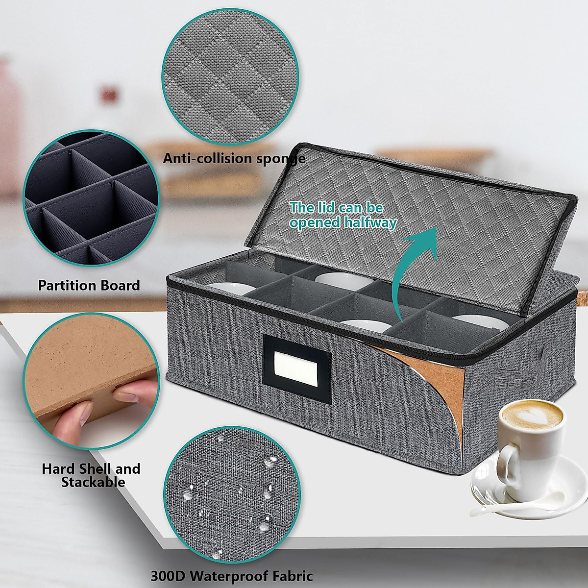 VERONLY Quilted Cup and Mug Storage Box, China Storage Containers with Zipper Lid and Handles, Holds 12 Coffee Mugs and Tea Cups, Hard Shell and Stackable for Dinnerware Storage, Transport (Dark Grey)