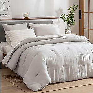 SHALALA Light Grey Cotton Gauze Lightweight Comforter Bedding Sets, Light Grey Comforters for King Bed, 7pcs Soft Warm Bed Sets with Comforter Set and Gray Striped Sheet Sets