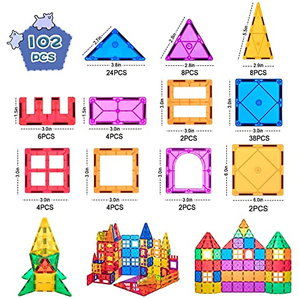 Compatible Magnetic Tiles Building Blocks STEM Toys for 3+ Year Old Boys and Girls Montessori Toys Toddler Kids Gifts Learning by Playing Activities - 102pcs Advanced Set