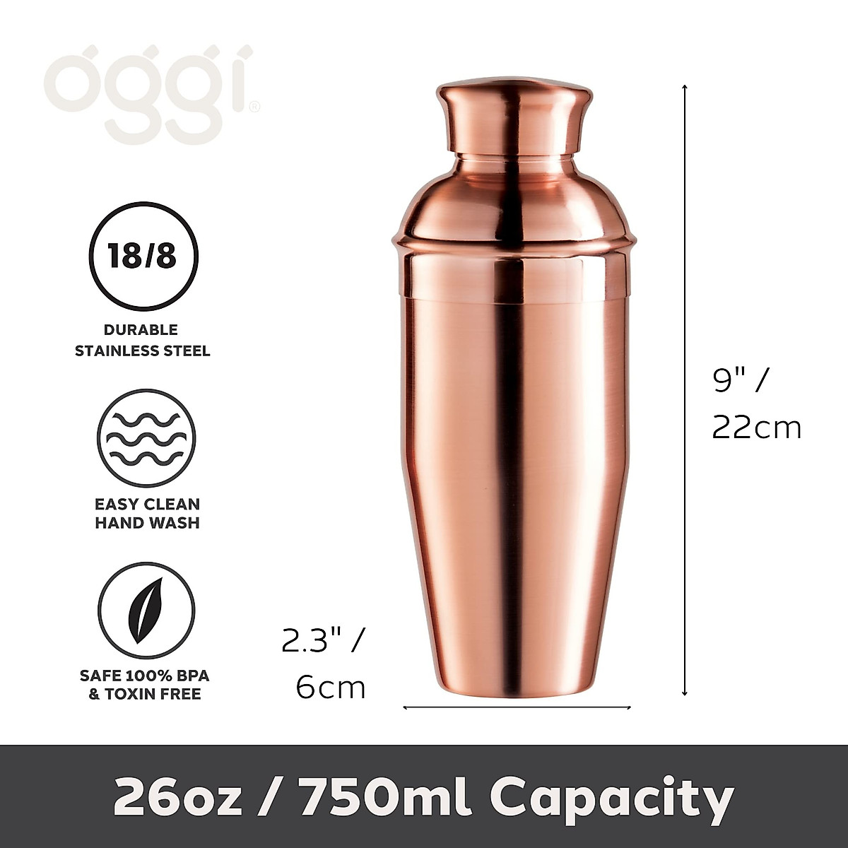 OGGI Classic Cocktail Shaker Copper - 26 oz, Stainless Steel Construction, Built in Strainer - Ideal Home Bar Drink Mixer, Bartender Kit, Essential Bar Accessories