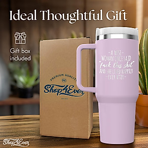 A Wise Woman Once Said F This And She Lived Happily Ever After Engraved Insulated Stainless Steel Tumbler with Handle, Lid, and Straw 40 oz. Funny Divorce Retirement Feminist Gift (Lavender)