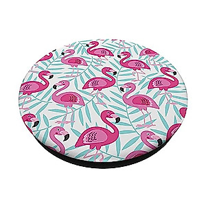 Pink Flamingos Teal Palm Tree Leaves Cute Beach Theme PopSockets Swappable PopGrip