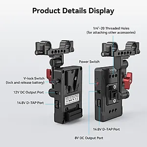SmallRig V-Mount Battery Adapter Plate, V-Lock Battery Plate with Dual D-TAP and DC Ports, Adjustable Arm and 15 mm Rod Clamp, Compact V-Mount Battery Plate for Cameras, Monitors, Transmitter - 3499
