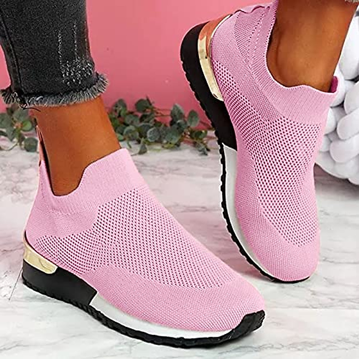 Hbeylia Walking Shoes for Women Fashion Comfortable Mesh Platform Wedge Slip On Sock Sneakers Running Tennis Hiking Outdoor Sports Athletic Shoes for Office Work Nurse Driving Pink
