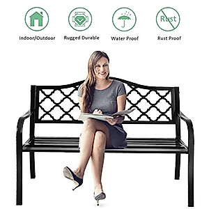 Giantex 50" Patio Garden Bench Loveseats Park Yard Furniture Decor Cast Iron Frame Black (Black Style 1)