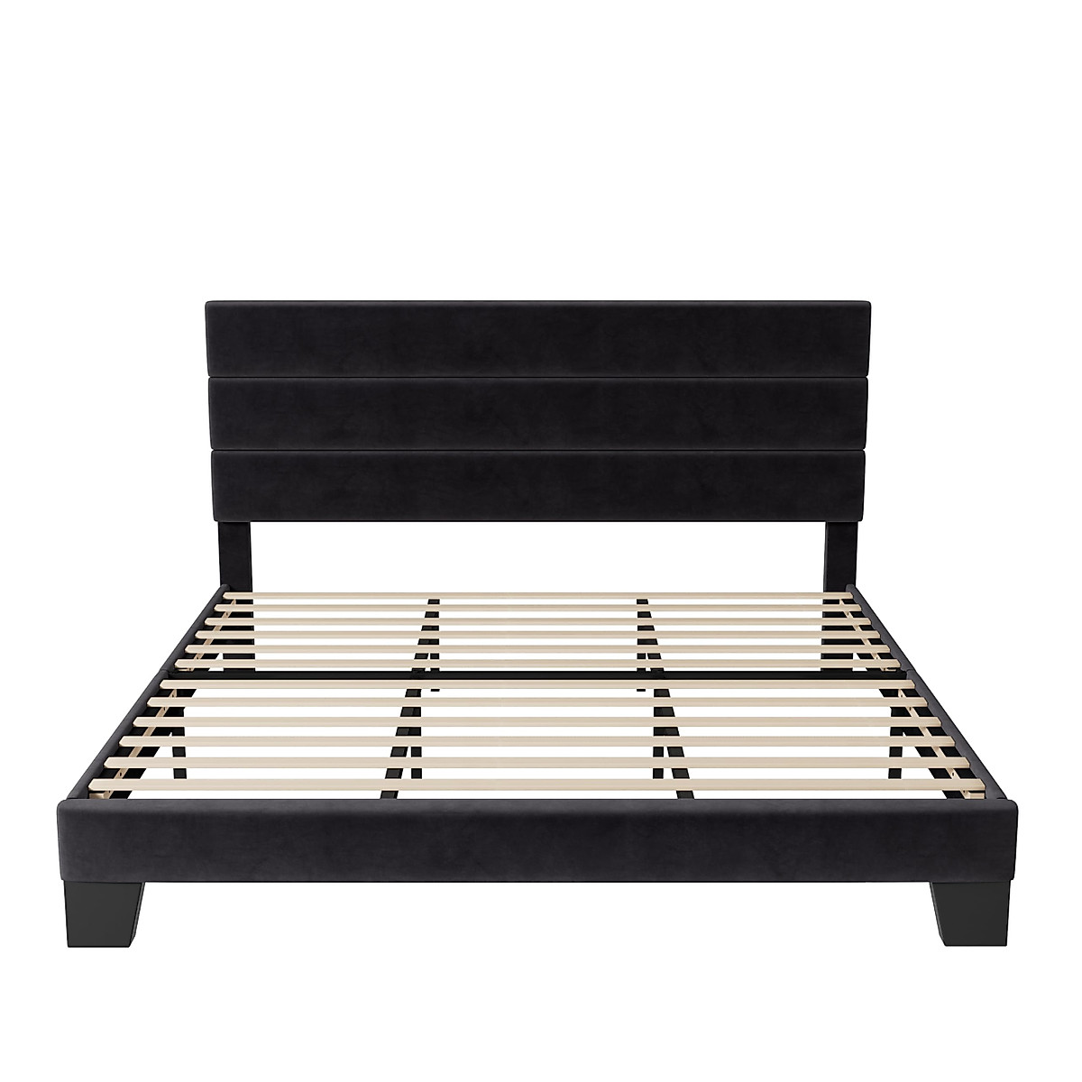 Allewie King Size Platform Bed Frame with Velvet Upholstered Headboard and Wooden Slats Support, Fully Upholstered Mattress Foundation/No Box Spring Needed/Easy Assembly, Black