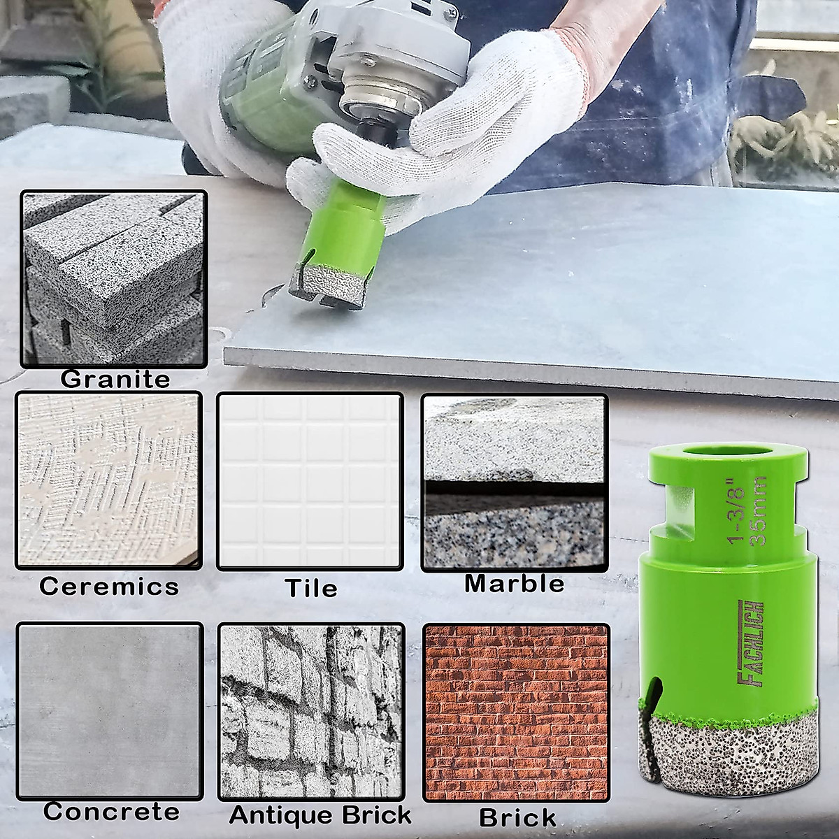 FACHLICH Diamond Core Drill Bits 1-3/8" 35mm 5/8-11 Thread Plus Adapter 5/8"-11 Male to 3/8" Hex Shank,Tile Hole Saws for Porcelain Tile,Granite,Marble,Concrete,Masonry