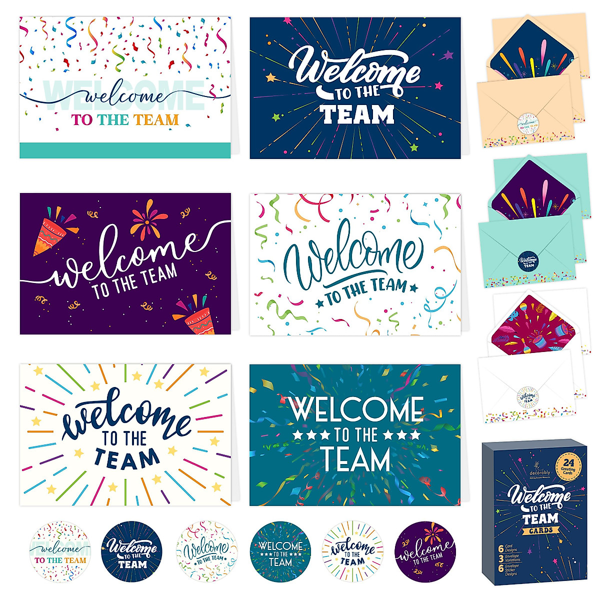 Decorably Work Cards with Envelopes & Stickers - 24 Pack Welcome To The Team Cards with Envelopes & Stickers, Blank Inside Welcome To The Team Card, 6x4in Welcome Cards for Employees, Welcome Card