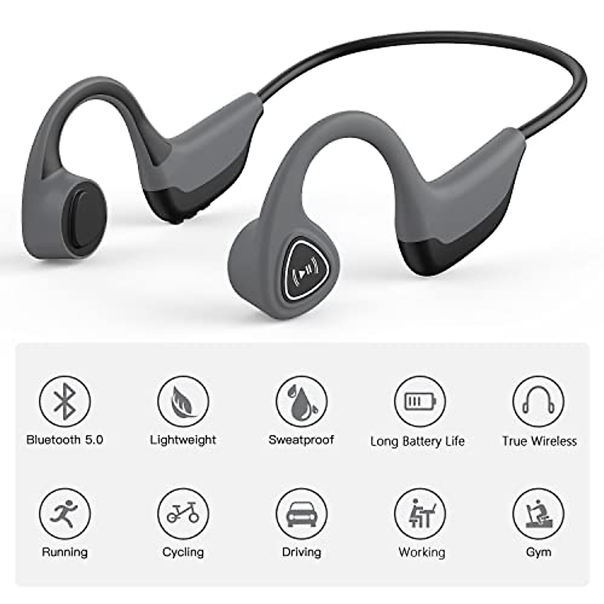 swimaudios Bone Conduction Bluetooth Headphones, Open Ear Bone Headphones, Wireless Conduction Headphones with Mic for Running, Bicycling, Hiking, Yoga - Grey