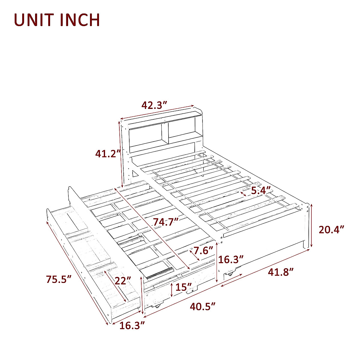 Twin Size Trundle Bed with Storage Drawers and Bookcase Headboard, Kids Twin Bed with Trundle,Captains Bed Twin with Trundle,Twin Trundle Bed with Storage for Teens,Adults(Twin,White)