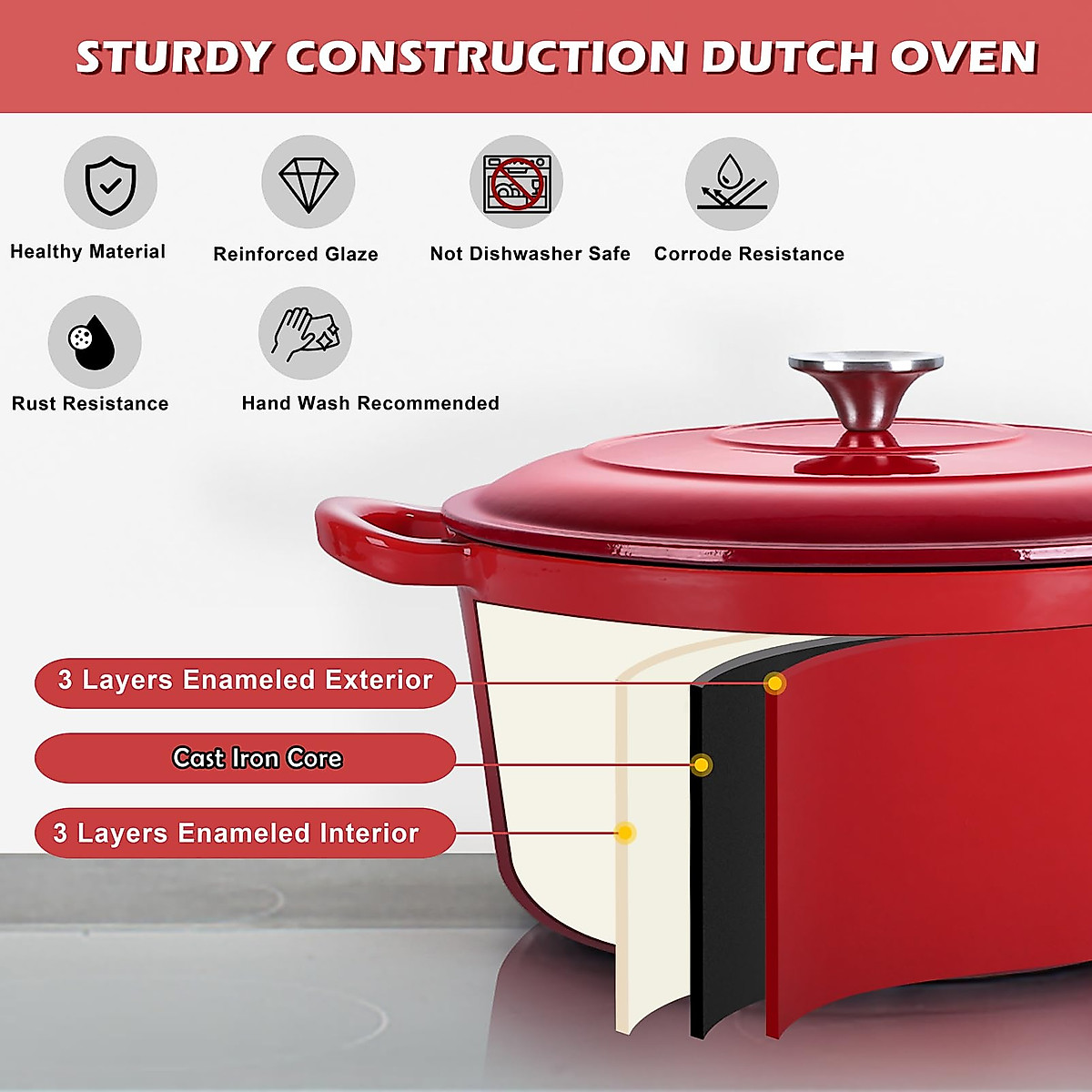 TeamFar 6QT Dutch Oven with Lid, Enameled Cast Iron Dutch Oven Nonstick Stock Pot for Cooking, Stewing, Braising, Roasting, Healthy & Heavy Duty, Double Handles & Sealed Cover, Easy to Clean - Red