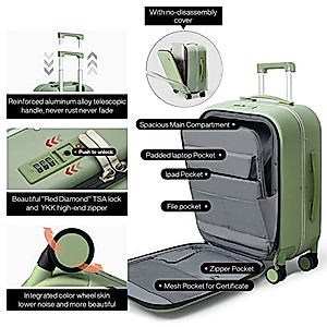 Luggage Suitcase with Spinner Wheels, 24'' Checked Travel Luggage Aluminum Frame PC Hardside with TSA Lock & Cover - Avocado Green