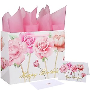 13" Large Pink Gift Bag Set with Greeting Card and Tissue Papers (Roses Design) Women's Birthday Party, Girls' Parties, Baby Shower, Baby Girl - 13”x5.2”x10.2”, 1 Pcs.