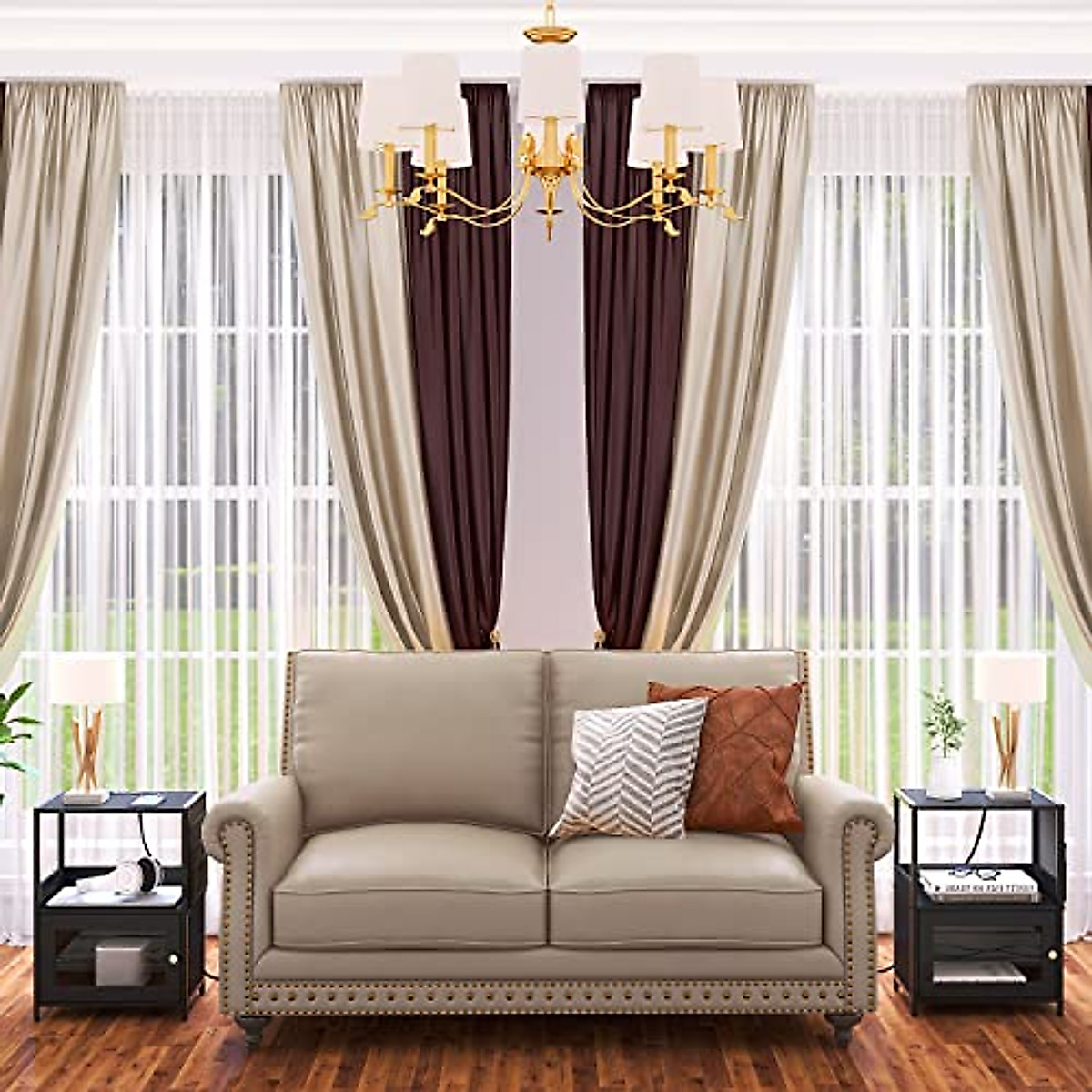 SAUCE ZHAN End Table with Charging Station, Nightstand with USB Ports and Outlets, Fabric Bags, Bedside Table for Small Space Side Table with Storage Drawer for Living Room, Bedroom, Office, Black