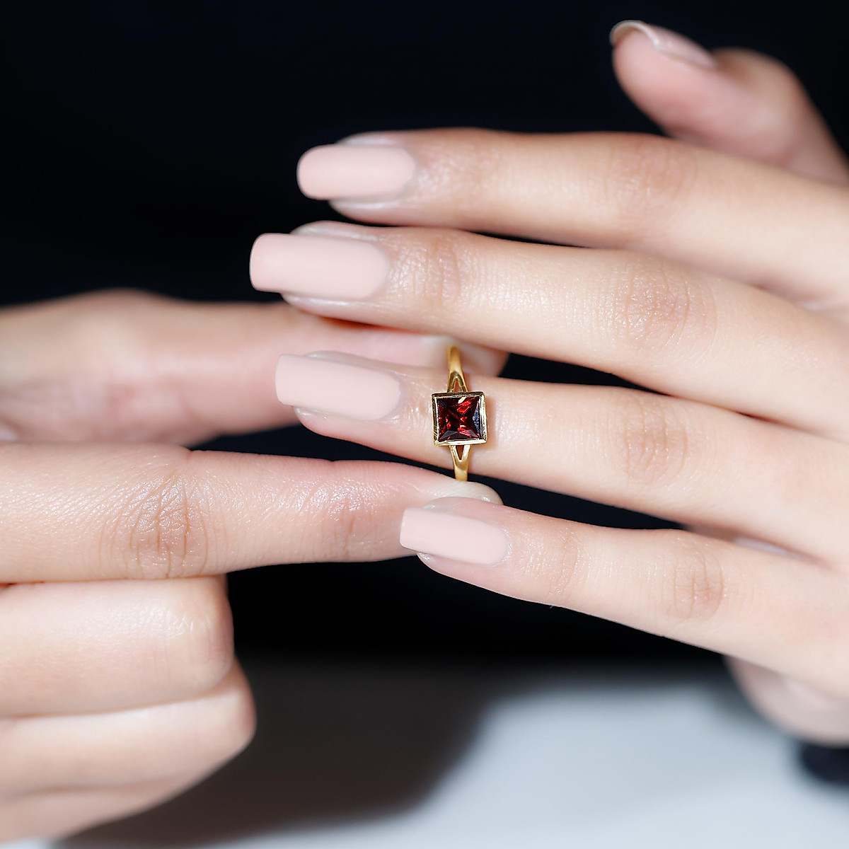 Rosec Jewels Natural Garnet Promise Ring for Women, AAA Quality, 6mm Princess Cut Garnet January Birthstone Ring - Ready To Gift, 14K Yellow Gold, Size:US 9.00