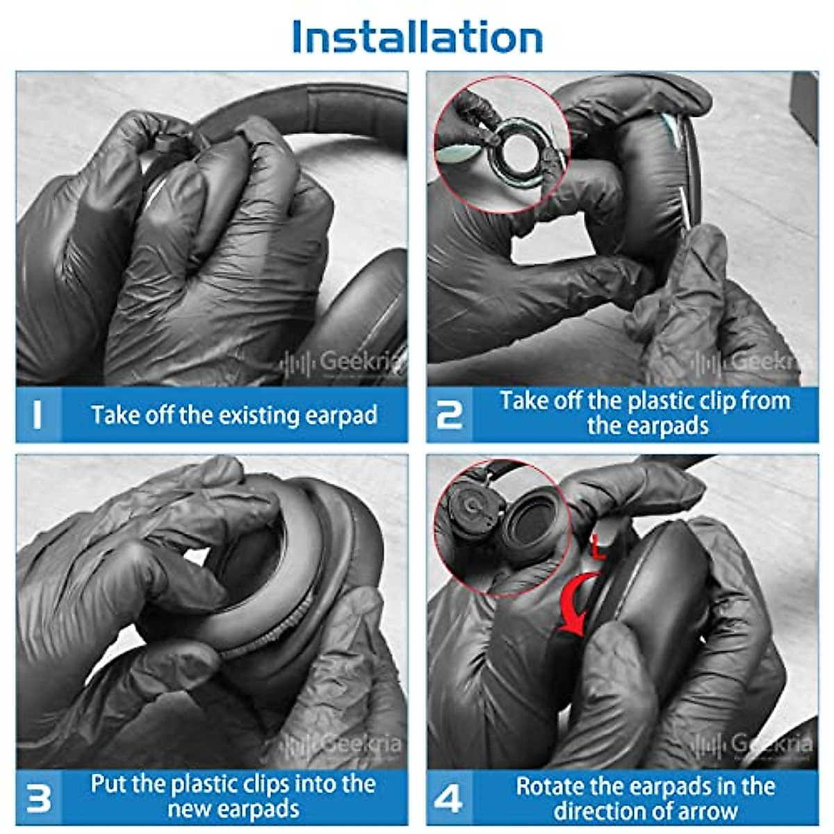 Geekria QuickFit Replacement Ear Pads for Bang & Olufsen Beoplay H4, H6, H7, H9, H9i, HX, Portal Headphones Ear Cushions, Headset Earpads, Ear Cups Cover Repair Parts (Black/No Plastic Clip)