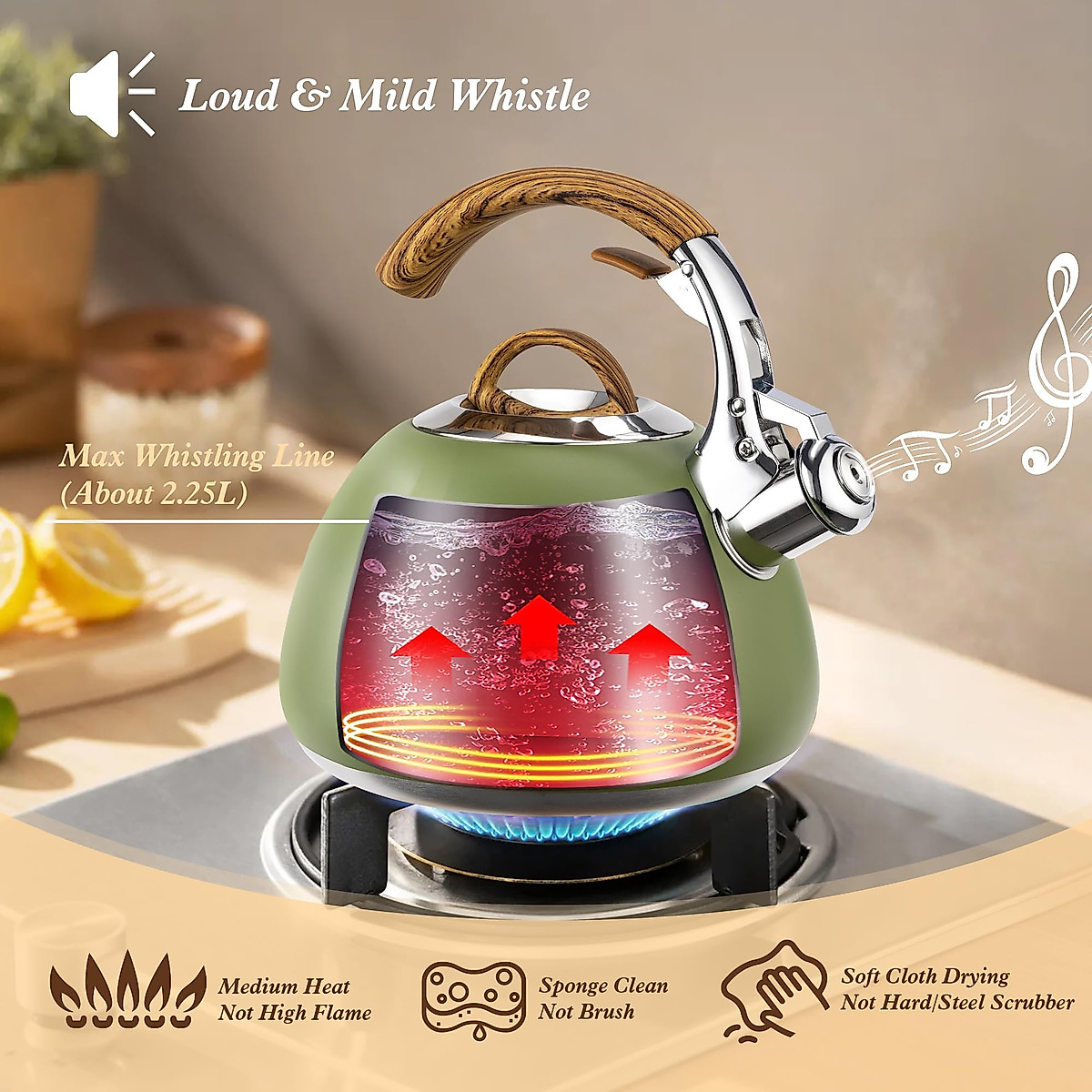 suyika Stove Top Whistling Tea Kettle Food Grade Stainless Steel Teapot with Wood Pattern Handle 3 Quart Green