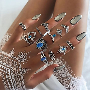 ABJFJE 13Pcs Vintage Silver Stackable Finger Rings Set Boho Midi Cool Gothic Punk Hollow Carved Flowers Turtle Heart Crystal Knuckle Rings Set for Women (13Pcs Silver ring)