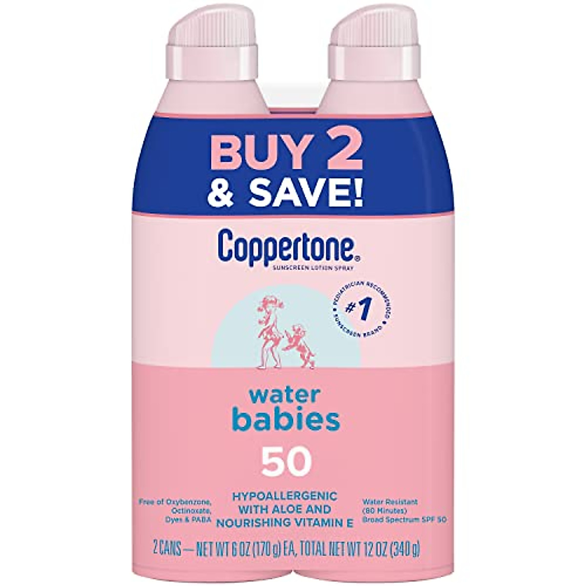 Coppertone WaterBabies Sunscreen Spray, SPF 50 Baby Sunscreen, Spray On Sunscreen, 6 Oz, 2 Pack