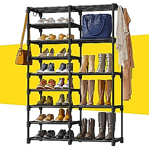 Raybee 9 Tier Shoe Rack for Entryway 35 Pairs, Stackable Metal Shoe Rack for Closet, Sturdy Shoe Organizer for Entryway Closet, Shoe Shelf Closet Shelf Organizer with 4 Hooks, 55.6"x34.6"x12.2"