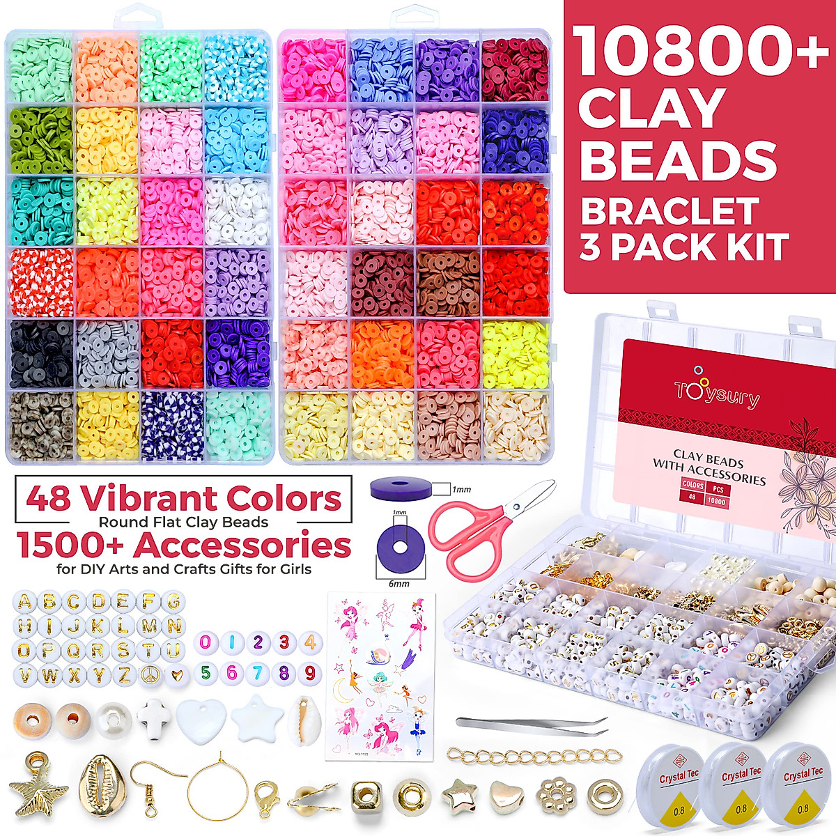 TOYSURY 10800 Pcs Clay Bead Bracelet Kit 48 Color Round Flat Clay Beads for Jewelry Bracelet Making Kit Beads Set Heishi Beads DIY Arts and Crafts Gifts for Girls
