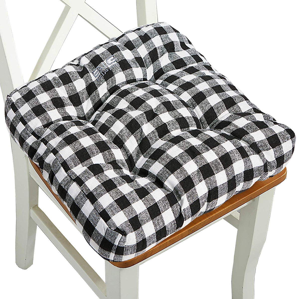 Big Hippo Chair Pad Tufted Chair Cushion for Indoor/Dining Chairs Kitchen Chair Pads with Ties Buffalo Check Chair Cushion Pad 17"x17", Black and White Plaid(2 Pack)