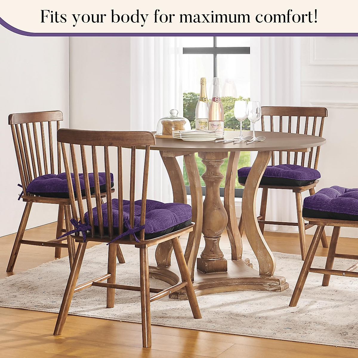 Basic Beyond Chair Cushions for Dining Chairs 4 Pack, Memory Foam Chair Cushion with Ties and Non Slip Backing, 15.5 x 15.5 Inches Tufted Chair Pads for Dining Chairs(Purple)